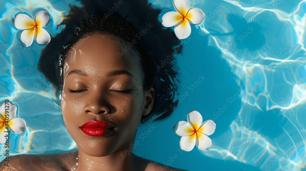 Attractive Young Black Woman Floating in Crystal Clear Water with Red ...