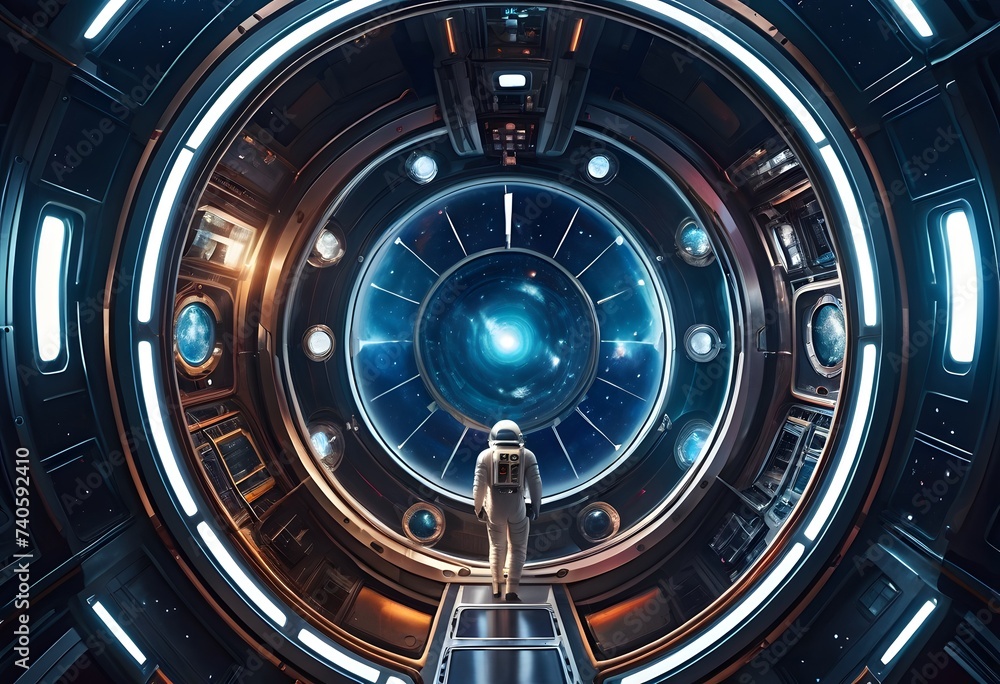 A man in a space suit is gazing out of a large window in a spaceship ...