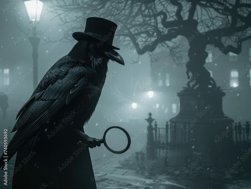 Investigating mysteriously detective raven foggy London street night ...