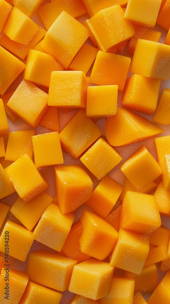 Mango Mosaic, close-up of a perfectly ripe mango, cut into small cubes ...