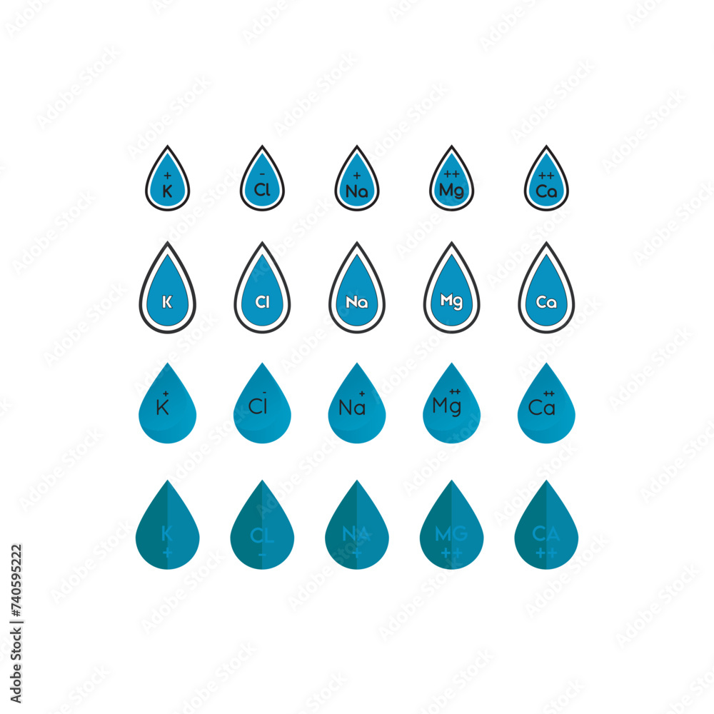 Set of 20 blue electrolyte icon elements - Calcium, Potassium, Chlorine ...
