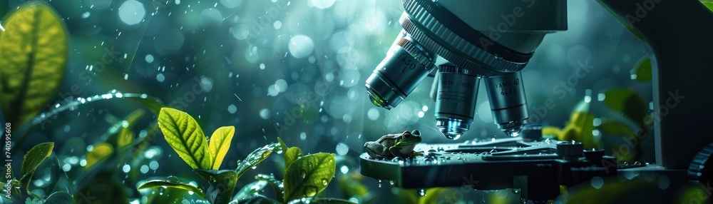 Researching deeply biologist frog rainforest lab night microscope ...