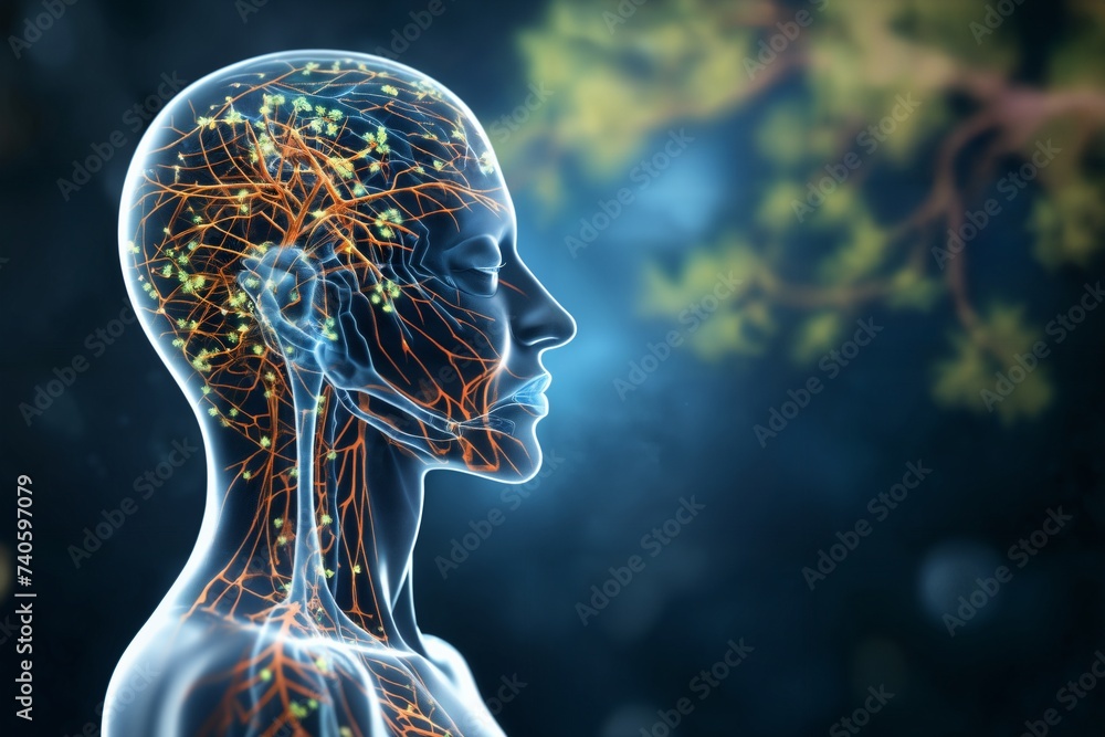 silhouette of human body and head, with neural connections in brain, in ...