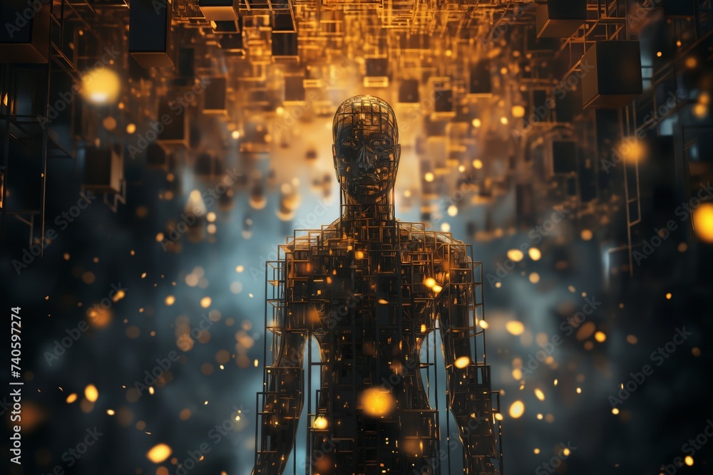 biorobot in the shape of a human body, made of liquid metal and cubes ...