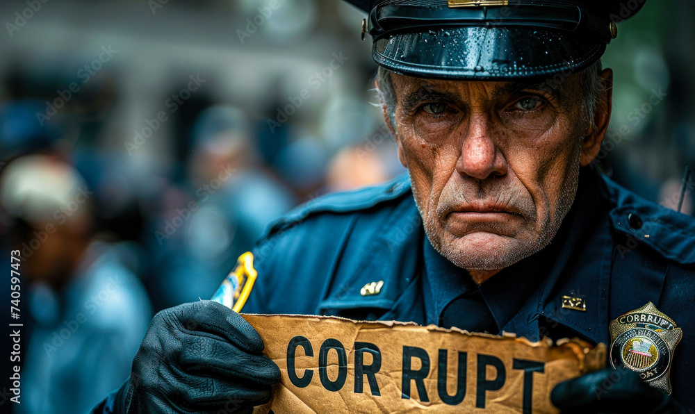 Stern faced police officer in uniform, symbolically holding a sign ...