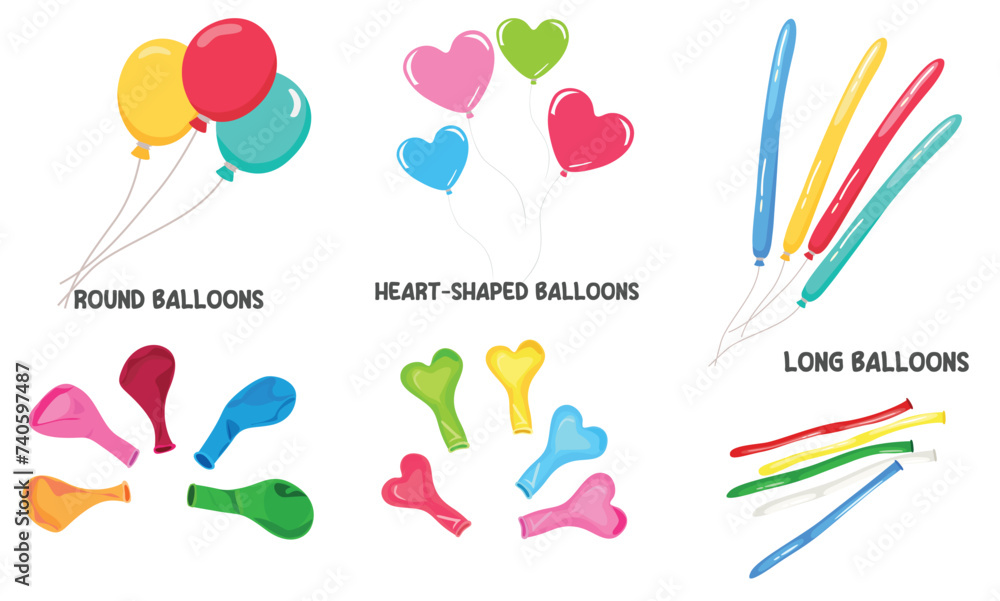 Flying Balloon Bunch Vector Set And Uninflated Balloon Vector In Cartoon Style Empty Balloons