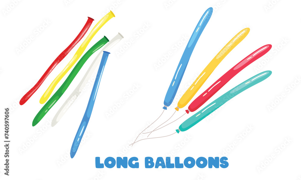 Flying long balloon bunch and uninflated balloons vector in cartoon ...