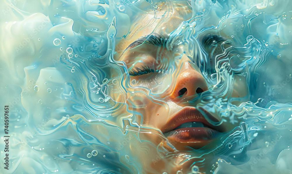 Surreal portrait of a serene woman's face merging with dynamic water ...