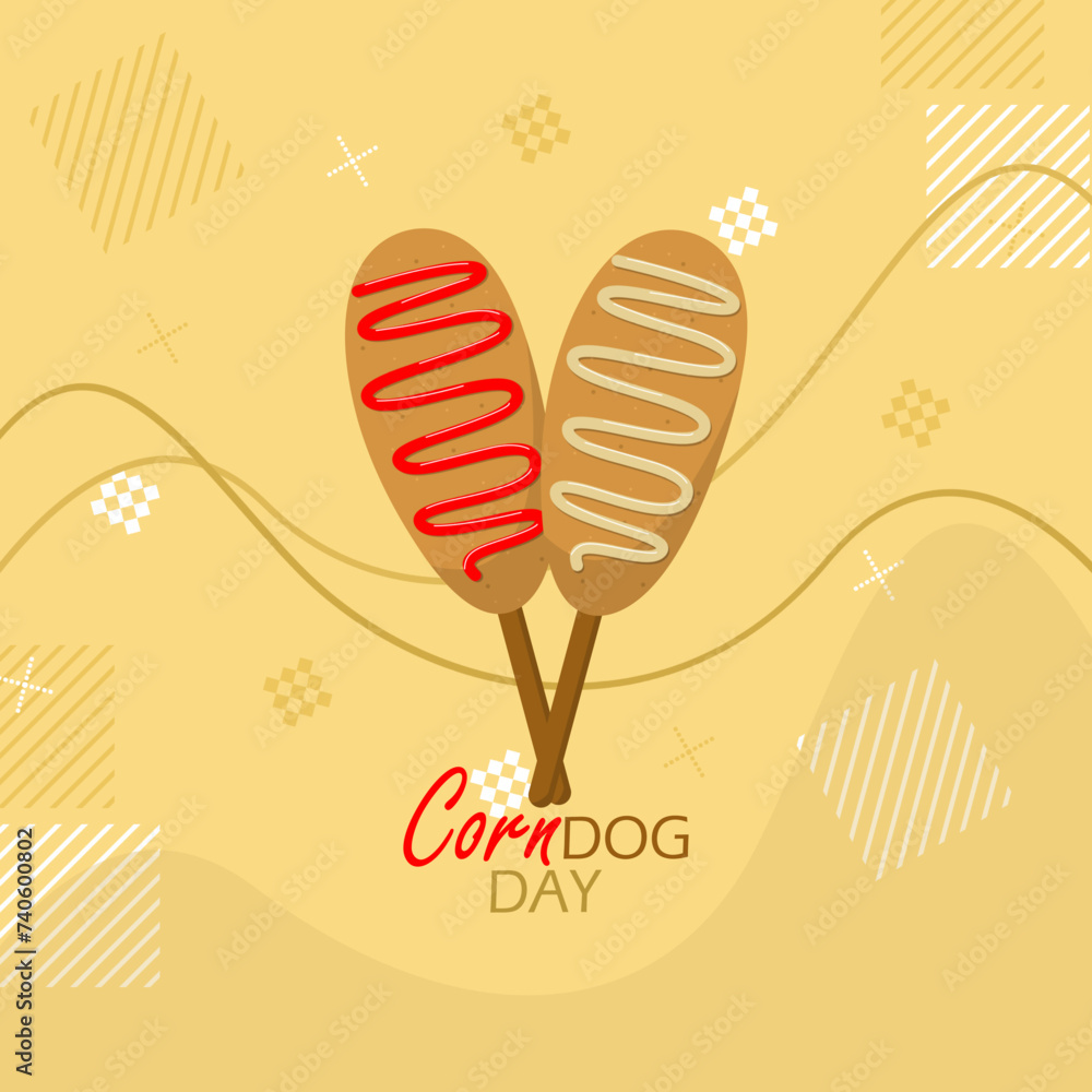National Corn Dog Day event banner. Two corn dog sticks topped with ...