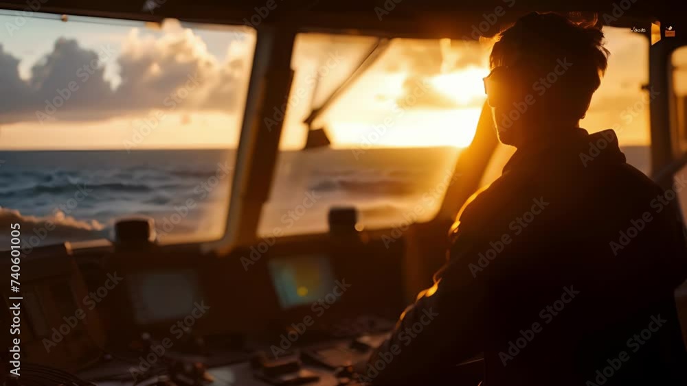 Vidéo Stock A crew member stands watch on the deck of a ship carefully ...