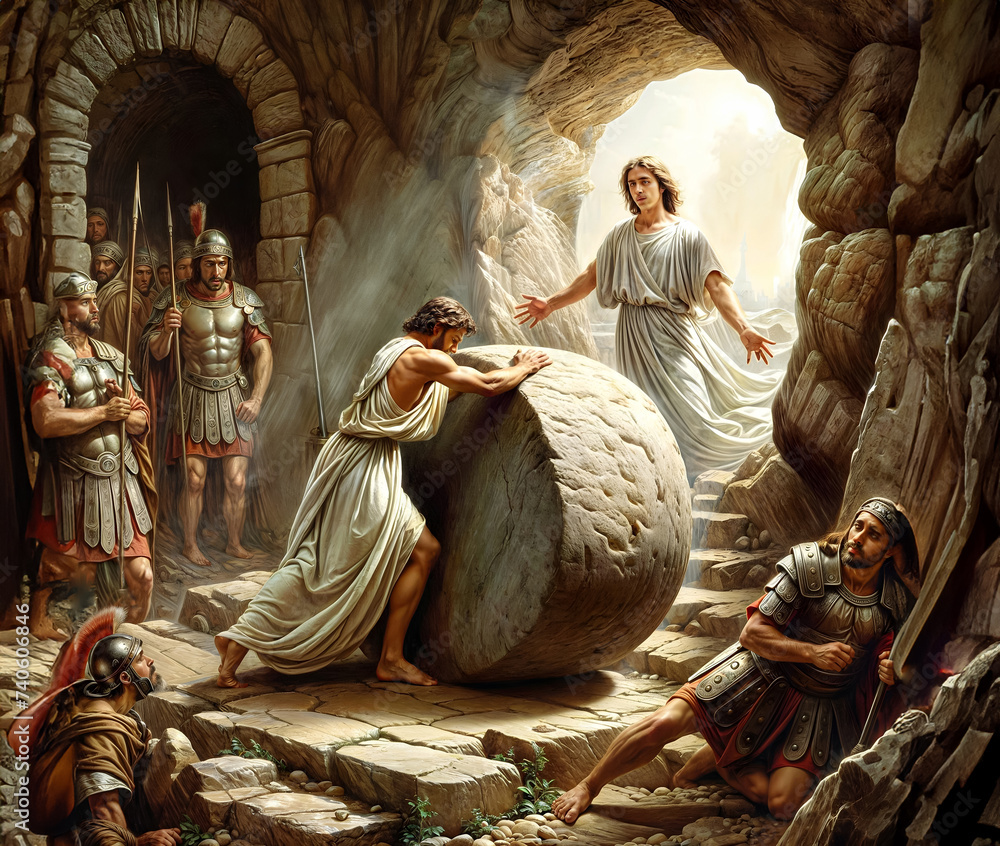 Angels rolling back the stone to the garden tomb of Jesus Stock ...