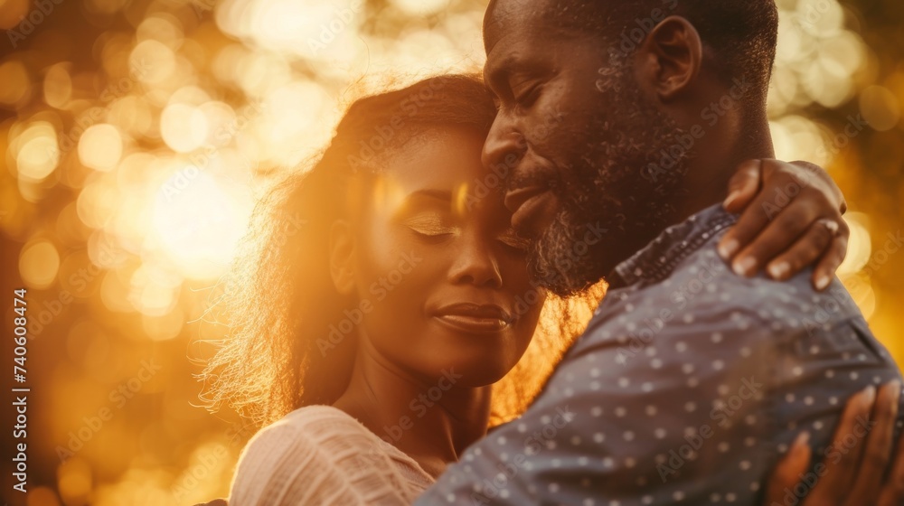 Amidst the bustling city streets, a man and woman embrace in a tender ...
