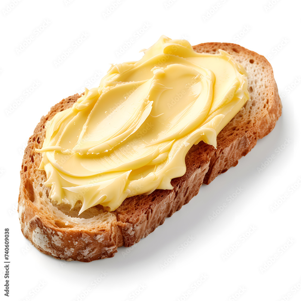 Creamy butter spread over a fresh slice of bread top view, isolated on ...