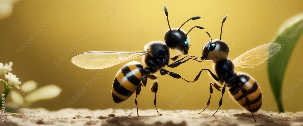 Two ants, arthropod organisms, are seen sharing a kiss on a tree branch ...