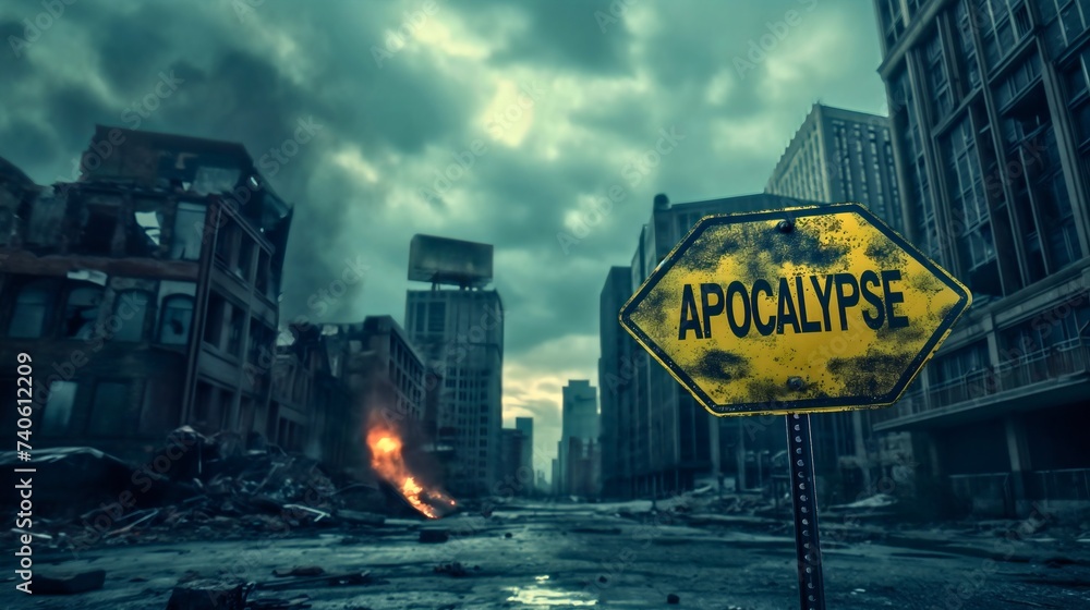 Yellow sign with text "APOCALYPSE" standing in front of the apocalyptic ...
