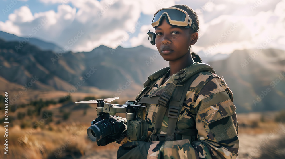 Black woman drone pilot, female soldier, wearing military army clothes ...