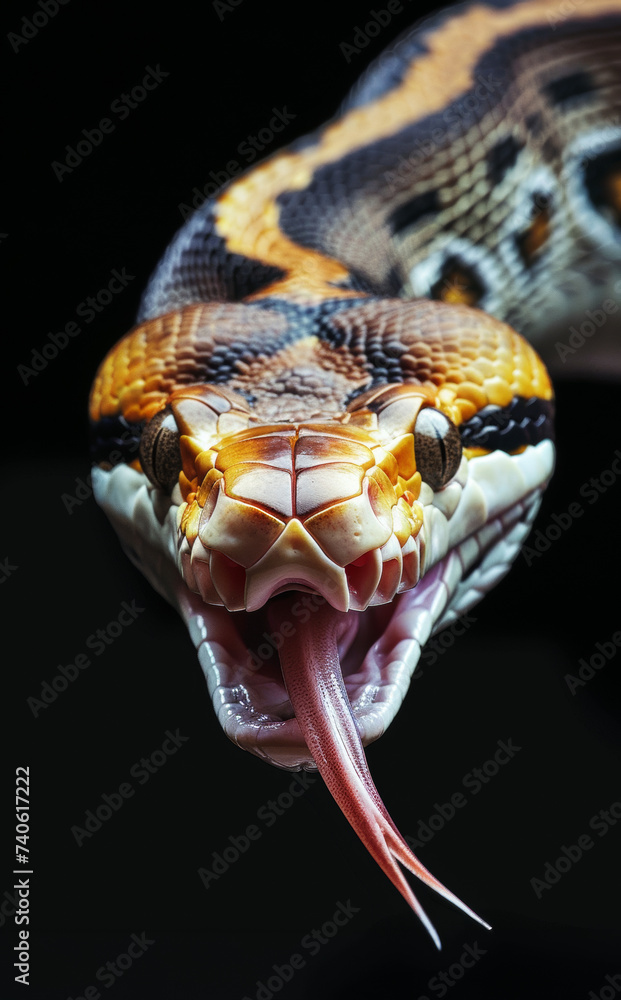 tête de serpent de face avec langue sortit, agressif prêt à attaquer ...