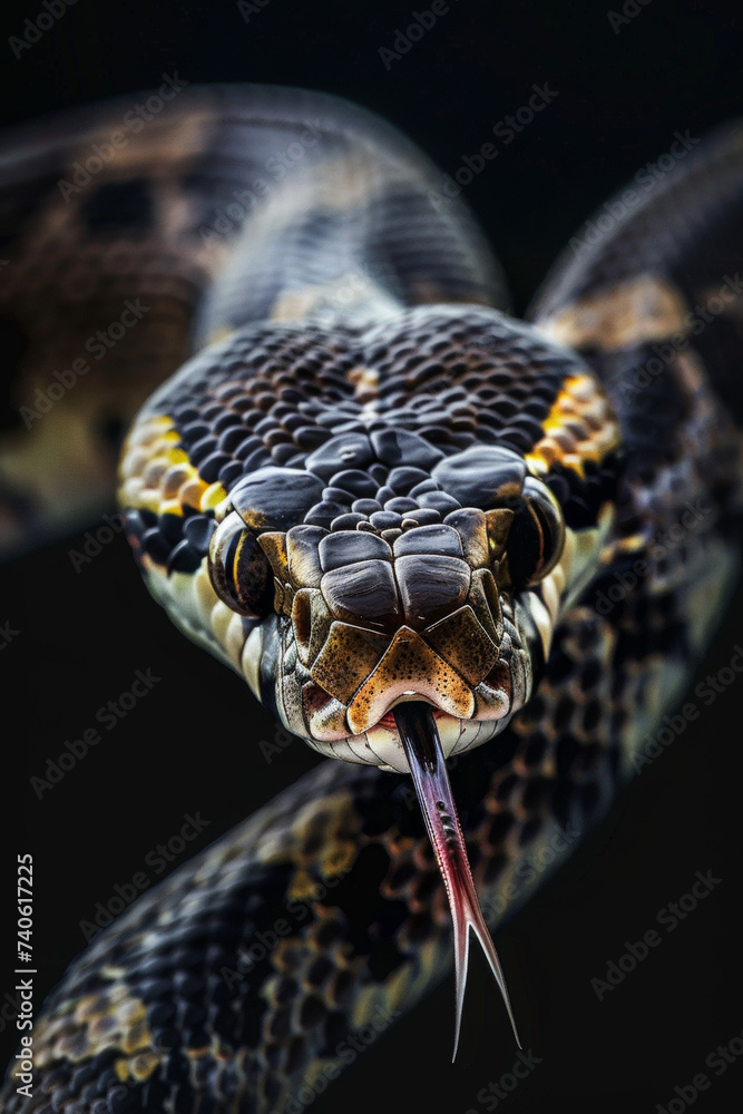 tête de serpent de face avec langue sortit, agressif prêt à attaquer ...
