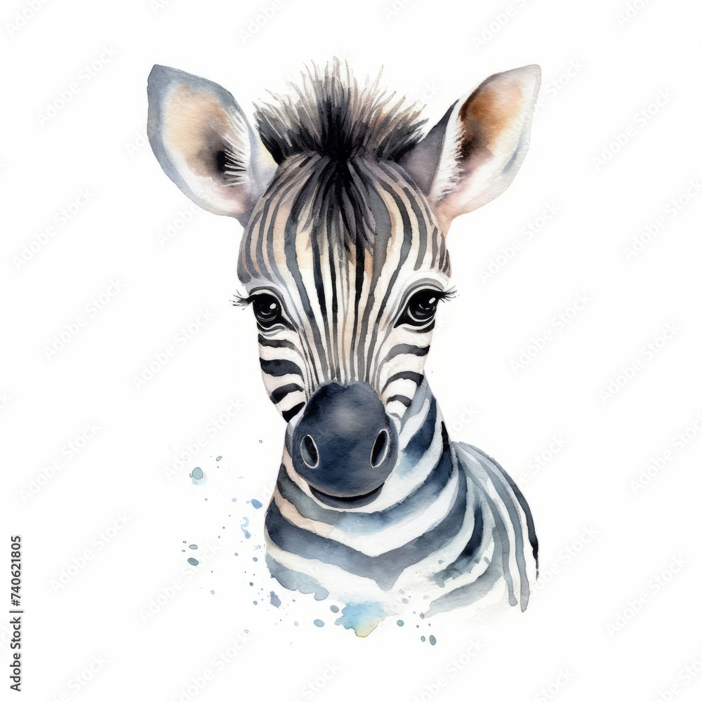 Hand-painted watercolor portrait of a baby zebra with expressive eyes ...