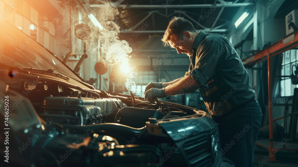 Un tecnico meccanico effettua riparazione al motore di un'automobile ...