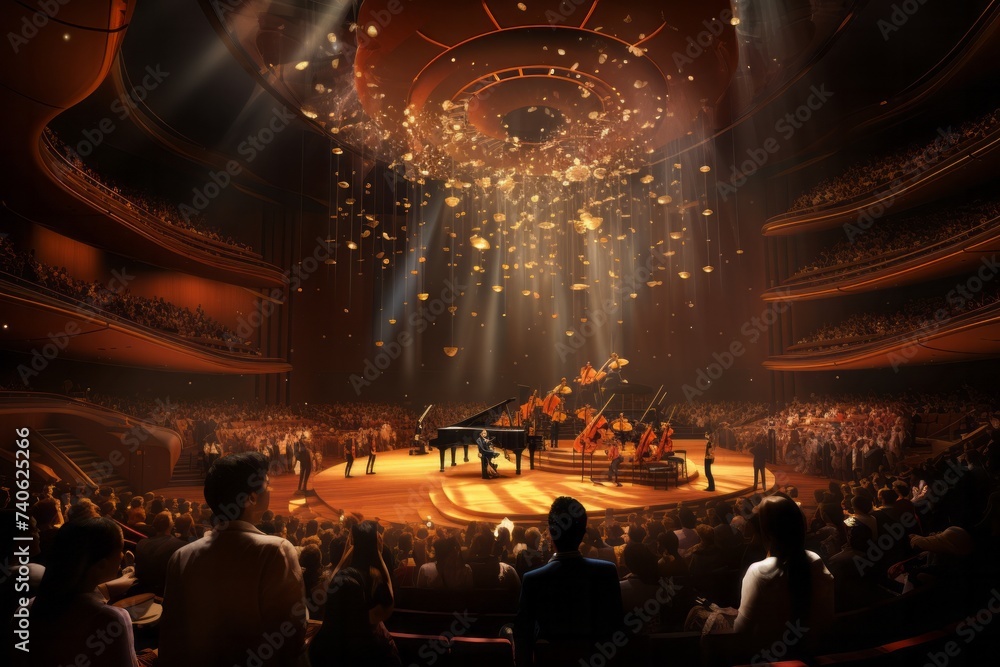 Set the scene for a symphonic journey with a concert hall background ...