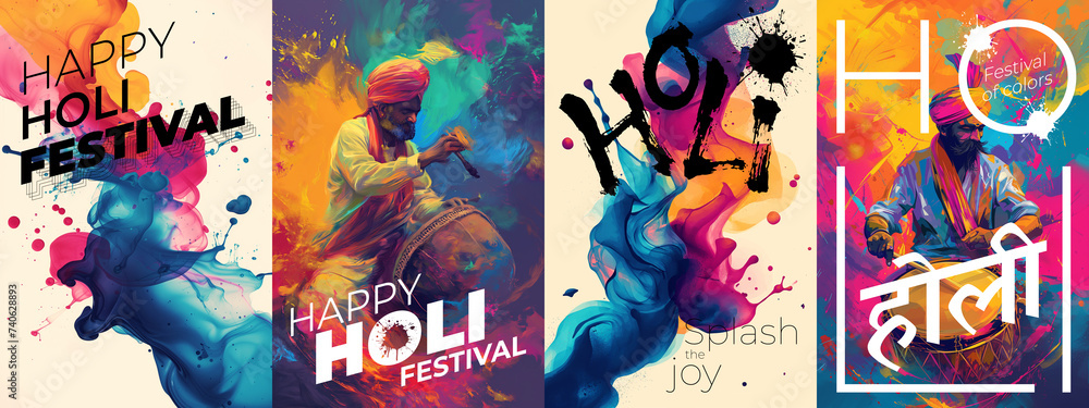 Happy Holi spring festival of colors poster set. Indian traditional ...