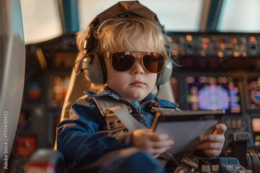 A young child dressed as a pilot, wearing aviator sunglasses and ...
