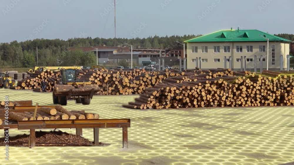 Tractor carries logs through the territory of the sawmill. Modern ...