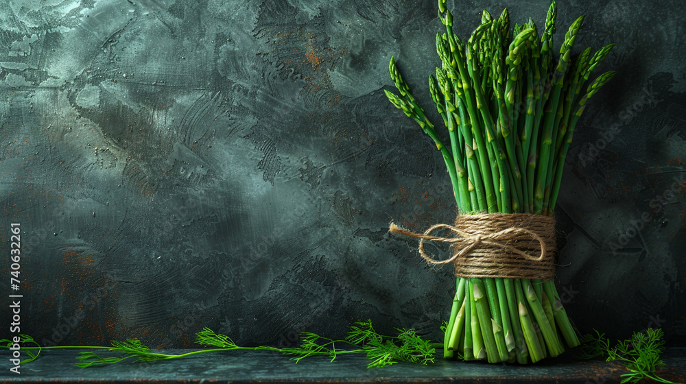 Illustration of a green asparagus bush on a table in dark colors, in ...