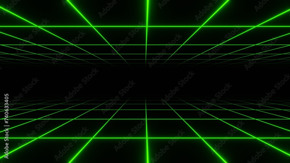 3d retro neon green abstract grid background with laser lines ...