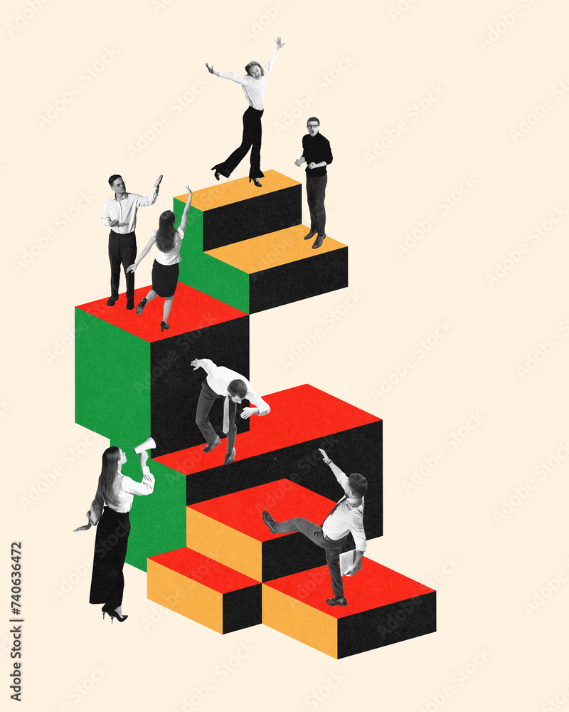 Professional chaos. Colleagues, men and woman standing on multicolored ...