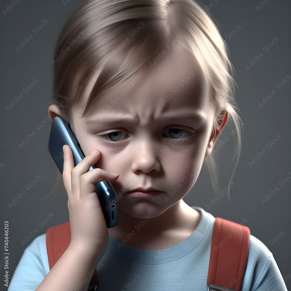 Sad child making a report via smartphone.Sad image of a child generated ...
