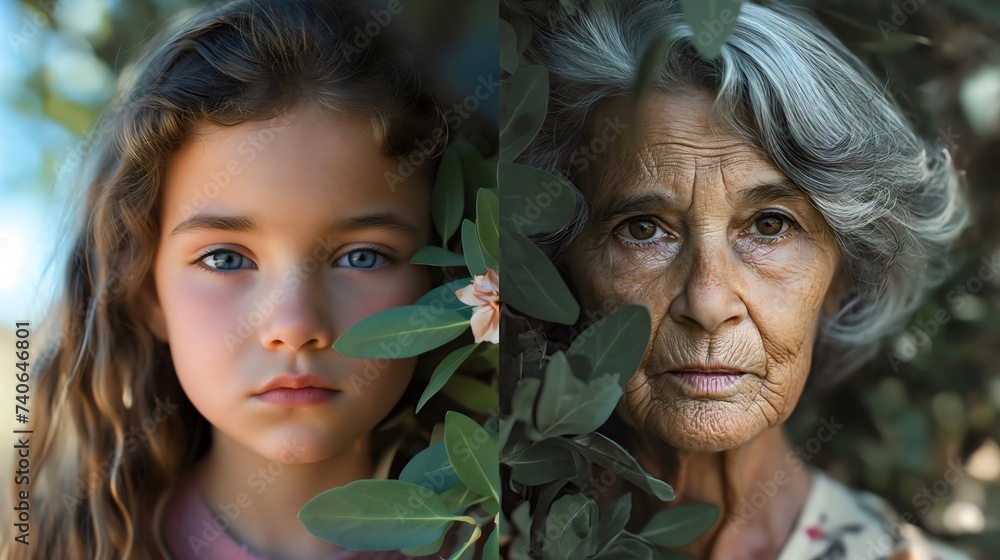 Aging process concept. On the left half is the cute young little ...