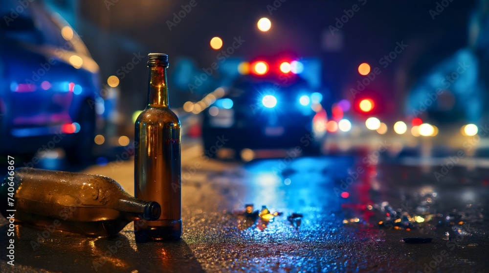 Glass bottles of alcohol drinks on the road, police car with lights on ...