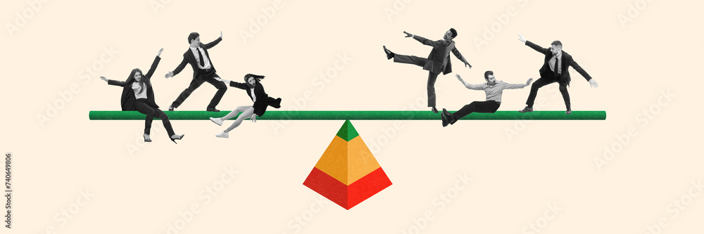 People balancing on seesaw, representing teamwork and balance ...