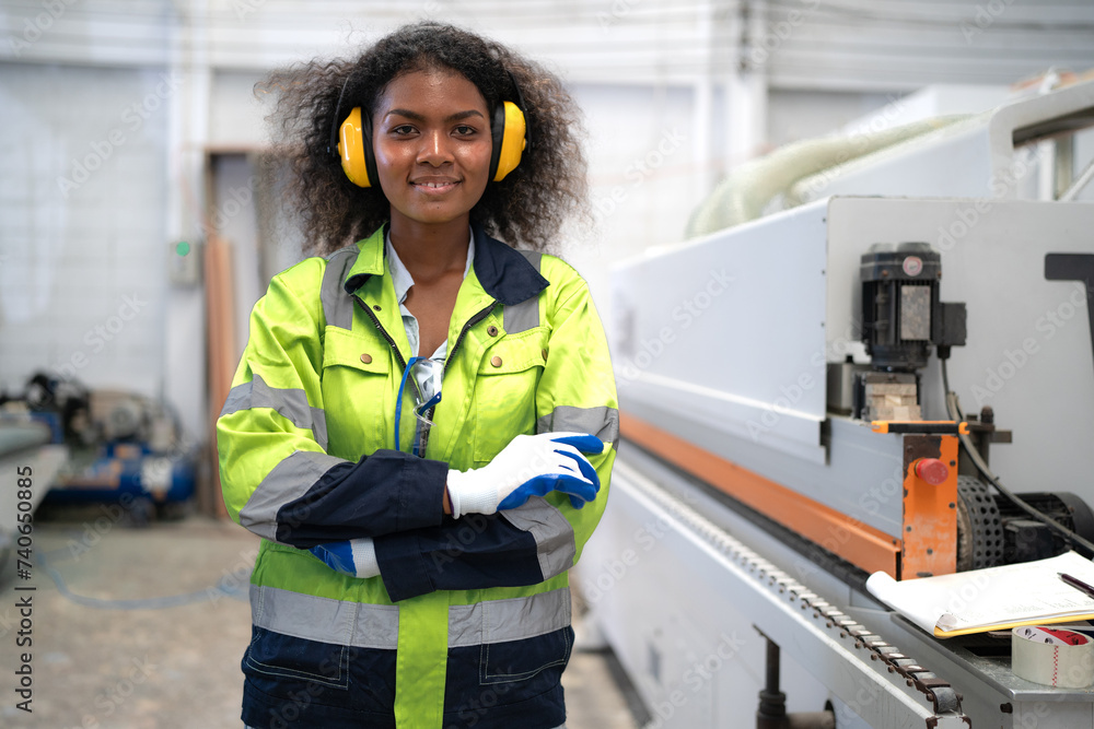 Afro long hair engineer wears safety uniform jacket working in heavy ...