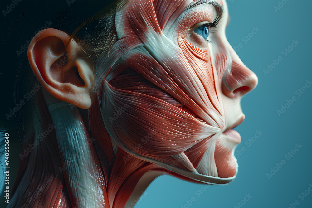 SIde view woman closeup face. Human anatomy, skin and muscles Stock ...