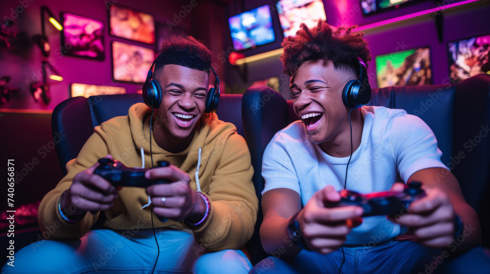Two friends enjoying a competitive video game in a vibrant gaming room ...