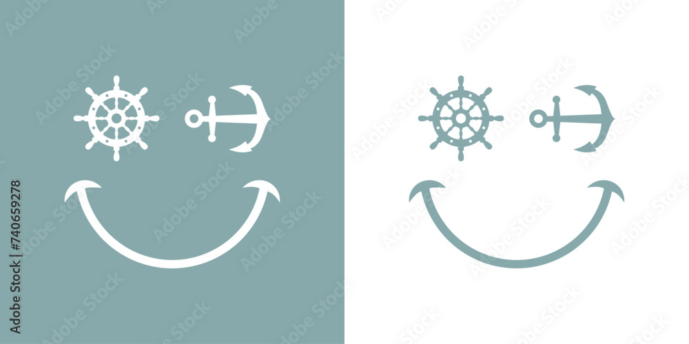 Logo Nautical. Silueta de emoticono con cara con timón como ojo y ancla ...