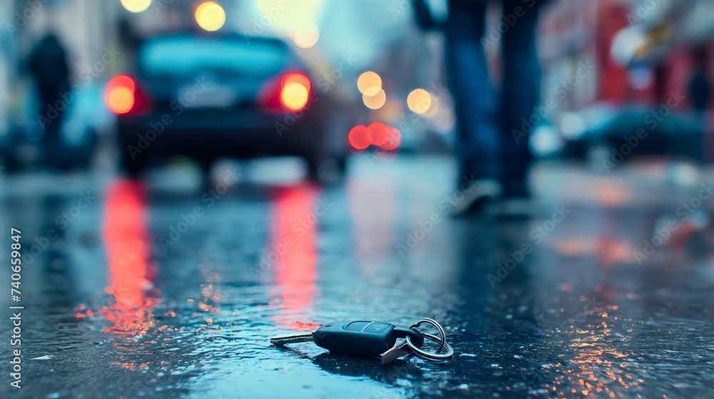 Low angle closeup photography of a man who lost his car keys. Keys on ...