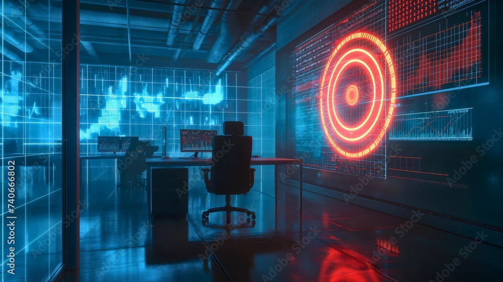 Red circular virtual, digital hologram target in empty modern office ...
