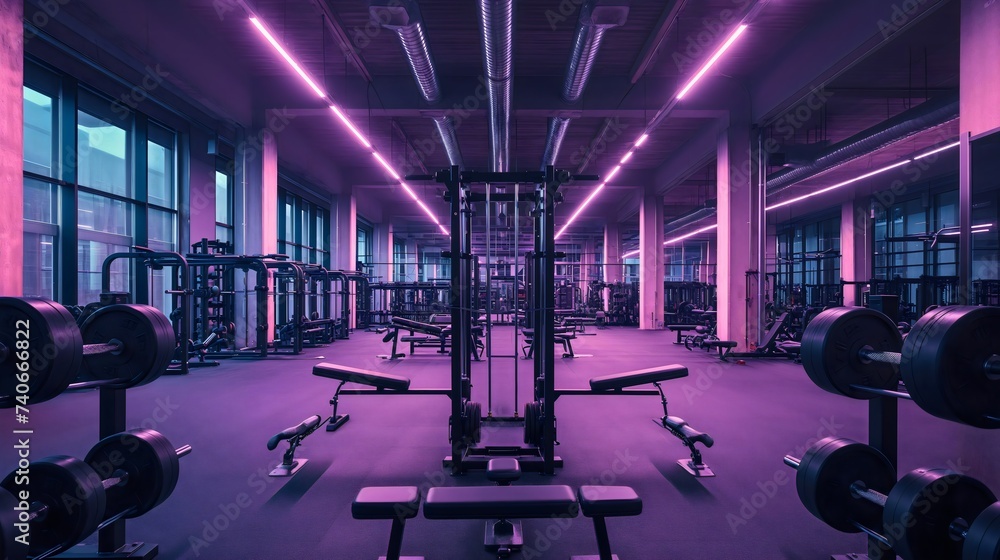 Wide angle photography of an empty modern gym room interior full of ...