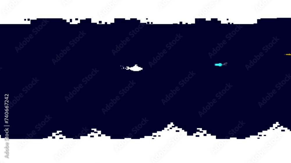 Old game animation in 8-bit style of a submarine shooting missiles and ...