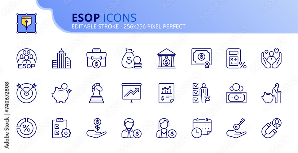 Simple set of outline icons about ESOP employee stock ownership plan ...