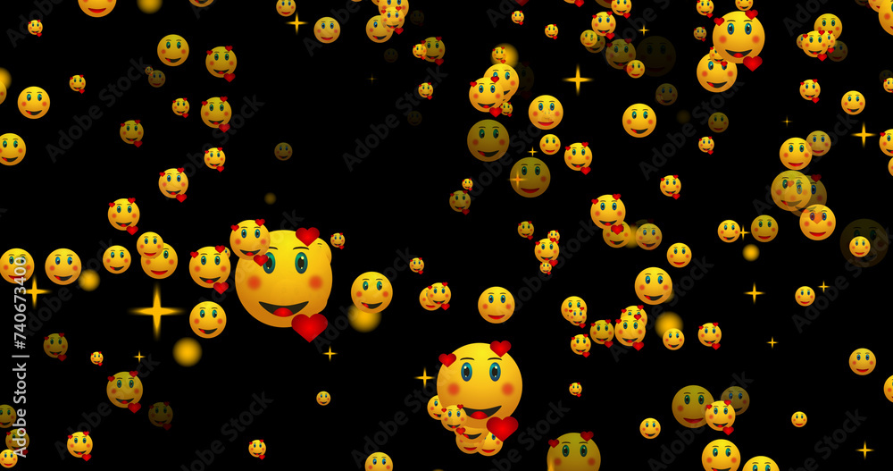 Growing falling emojis and icons background with particle animation ...