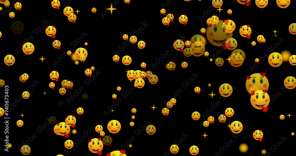 Growing falling emojis and icons background with particle animation ...