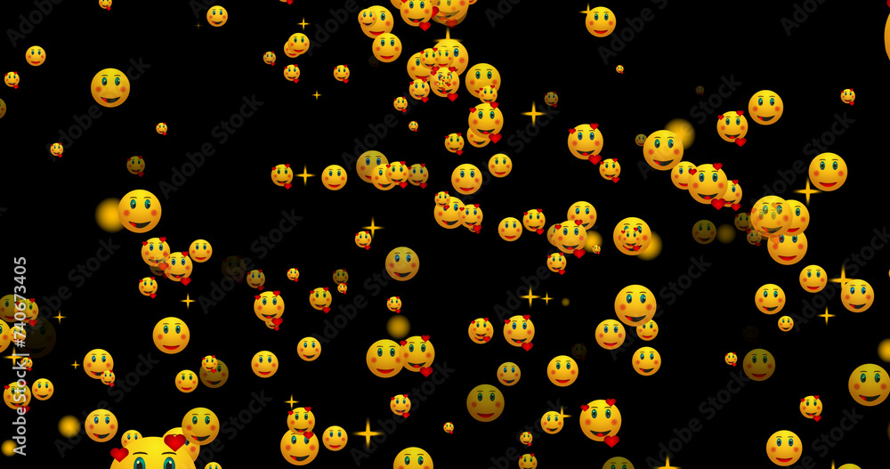 Growing falling emojis and icons background with particle animation ...