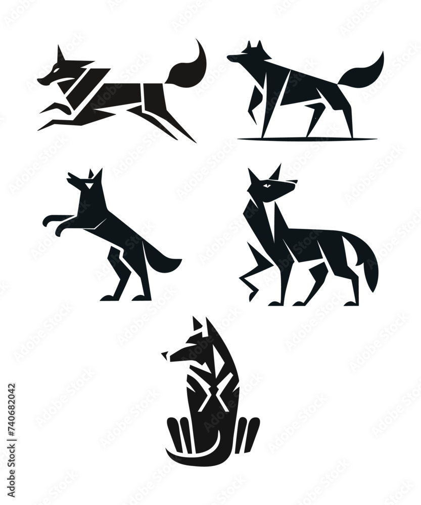 Collection of silhouettes of wolves, carnivorous wild animal set ...