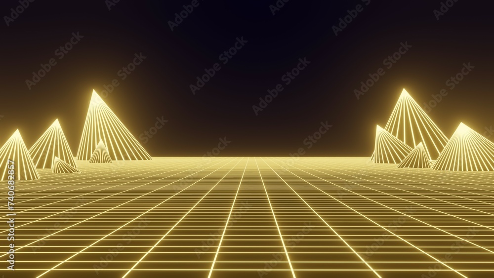 Abstract technology perspective grid with protruding pyramids. Detailed ...