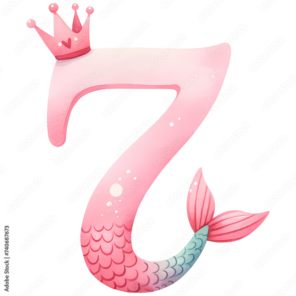 Pink Mermaid Tail Number Seven Illustration a whimsical with a mermaid ...